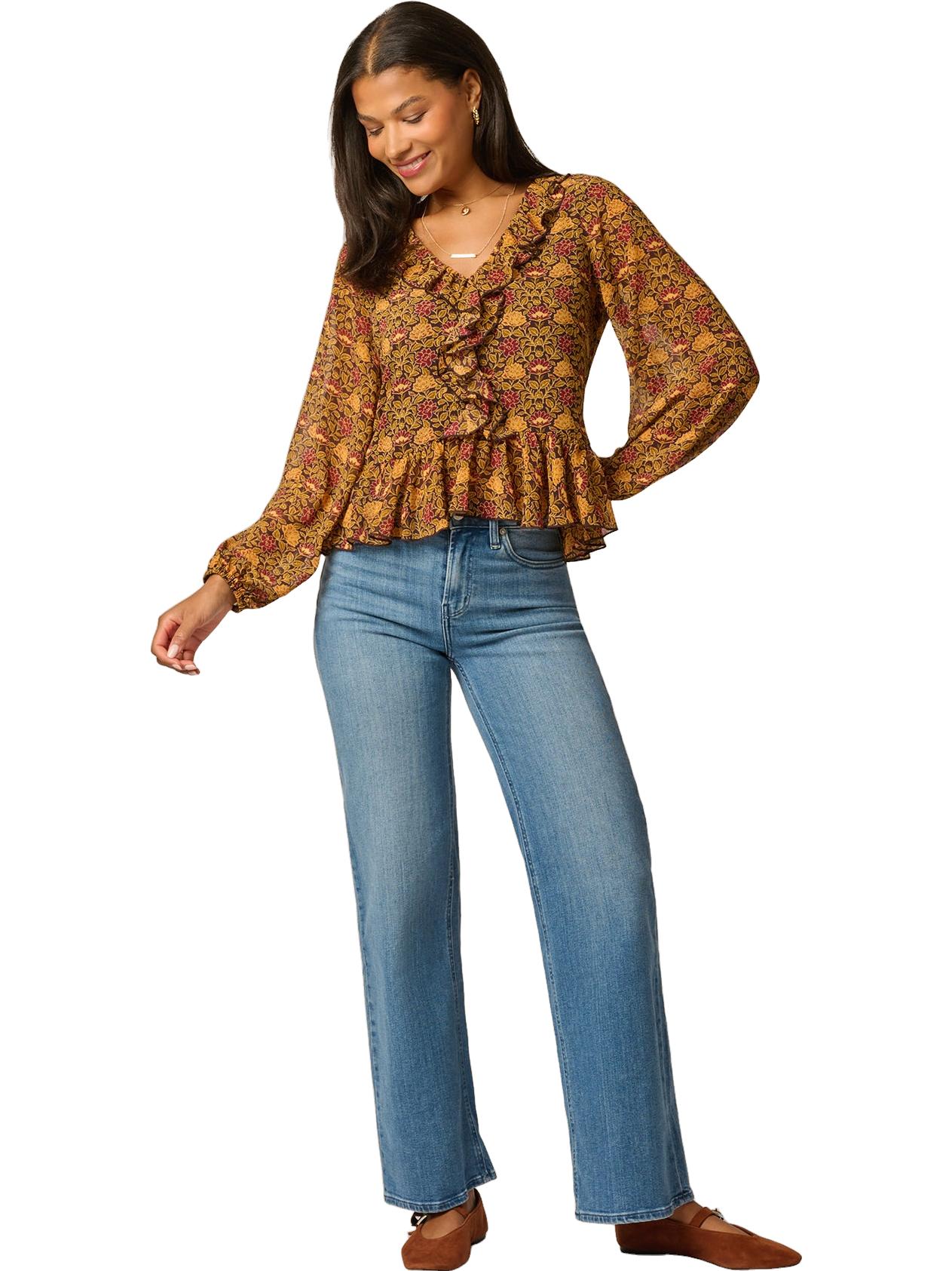 ADRIANNA PAPELL Adrianna Papell Long Sleeve V-Neck Ruffle Top